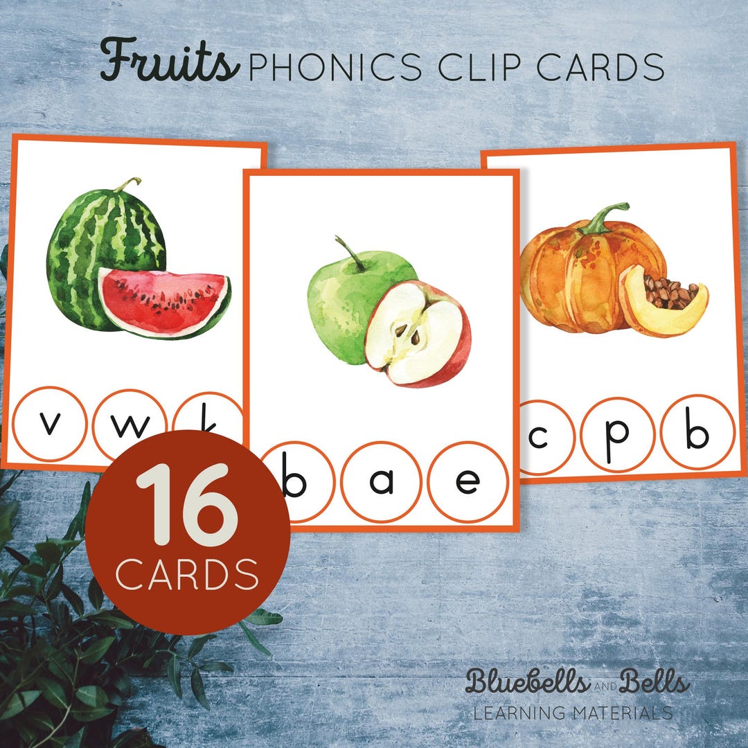Fruits Phonics Clip Cards. Montessori Beginning Sound Printable. - Etsy