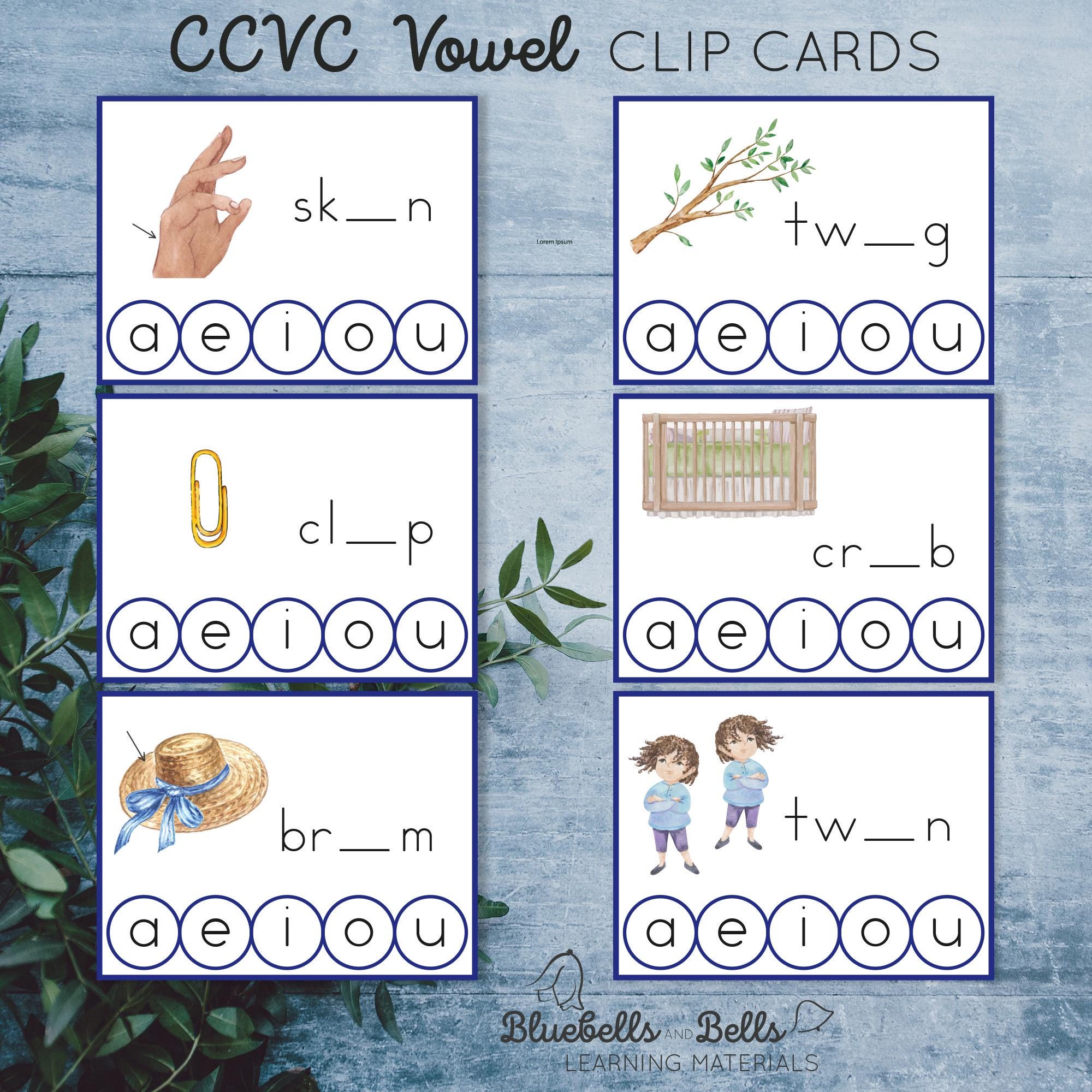 Missing Vowel Clip Cards. Montessori Blends Printable CCVC Words. Blue ...