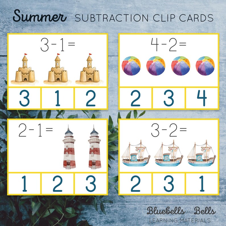 Summer Montessori Printable Subtraction Clip Cards 1-10. Preschool and ...