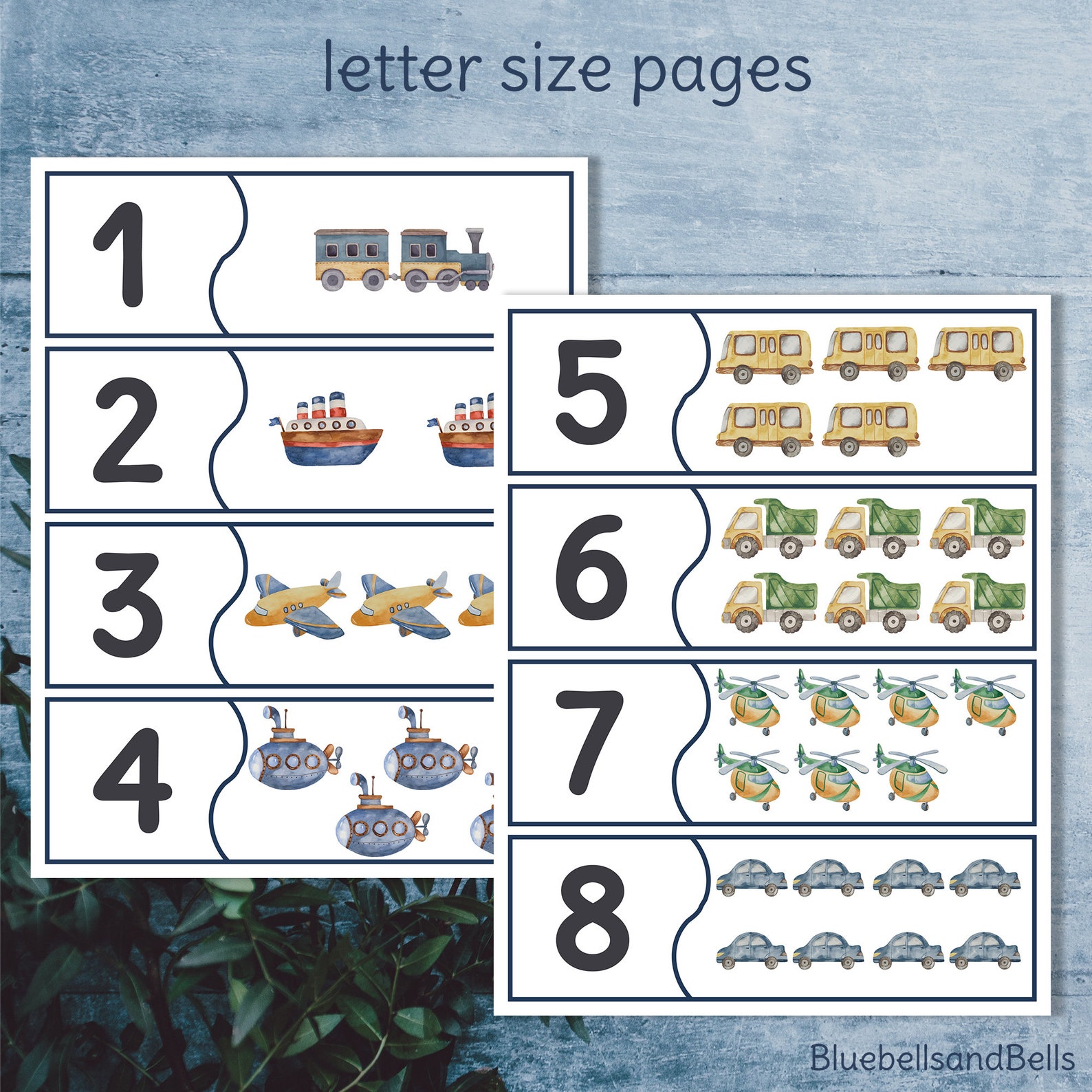 Vehicle number matching printable puzzle. Transport counting | Etsy