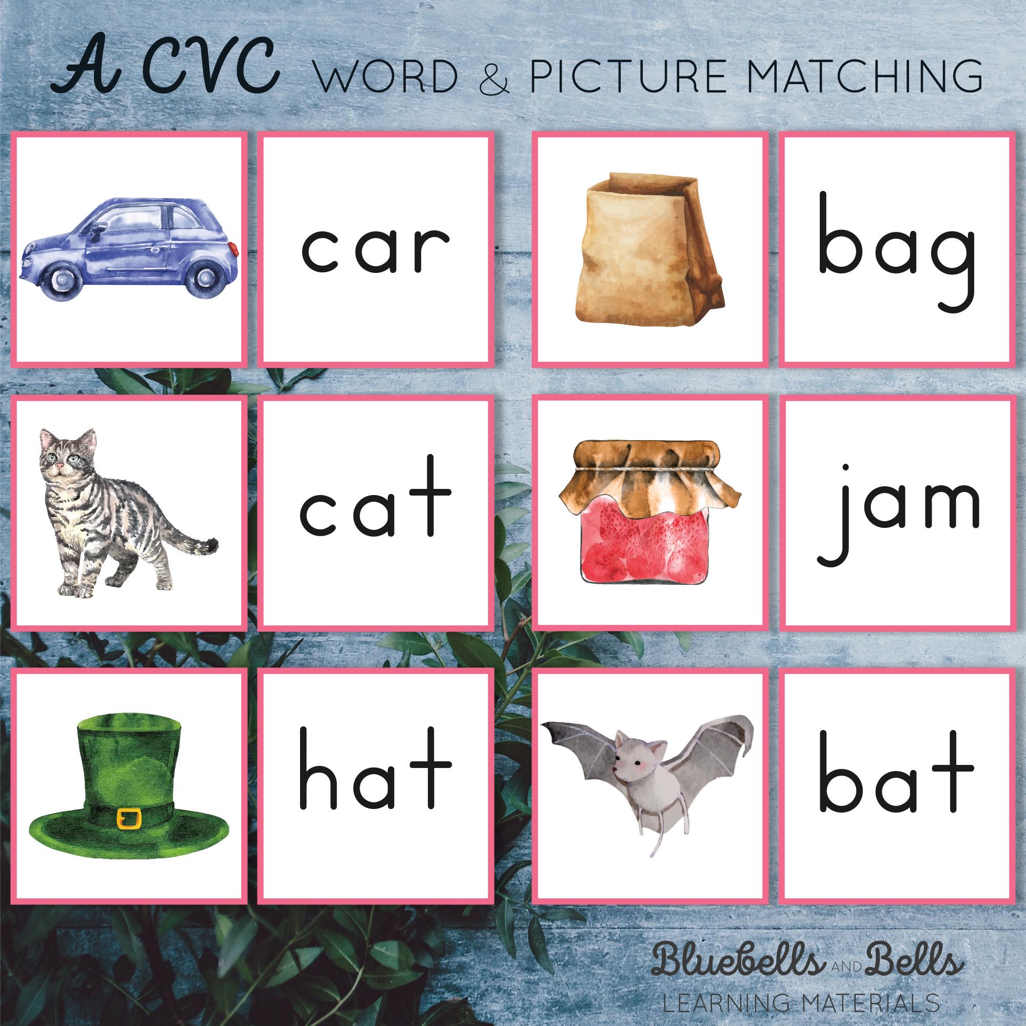 Montessori Printable CVC Word and Picture Matching Activity. Pink ...