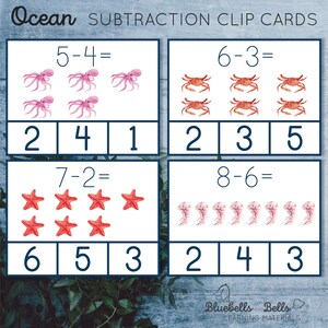 Ocean Count and Clip Cards Subtraction 1-10. Preschool and Kindergarten ...