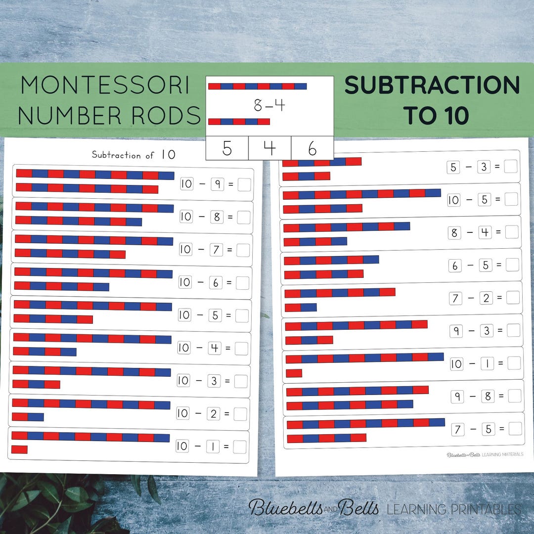 Montessori Subtraction Worksheets Number Rods. Kindergarten and 1st ...