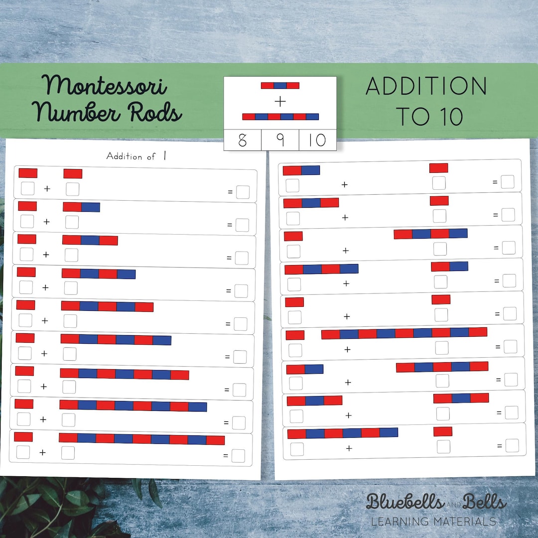 Montessori Addition Worksheets Number Rods. Kindergarten and 1st Grade ...