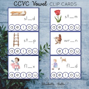 Missing Vowel Clip Cards. Montessori Blends Printable CCVC Words. Blue ...