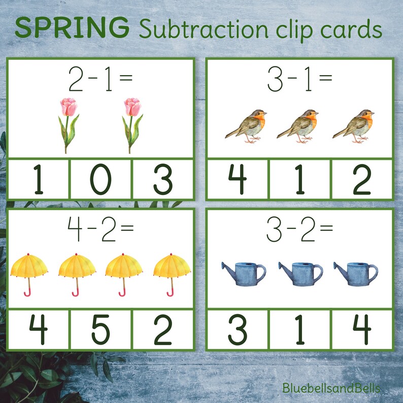 Spring Montessori Printable Subtraction Clip Cards 1-10. | Etsy