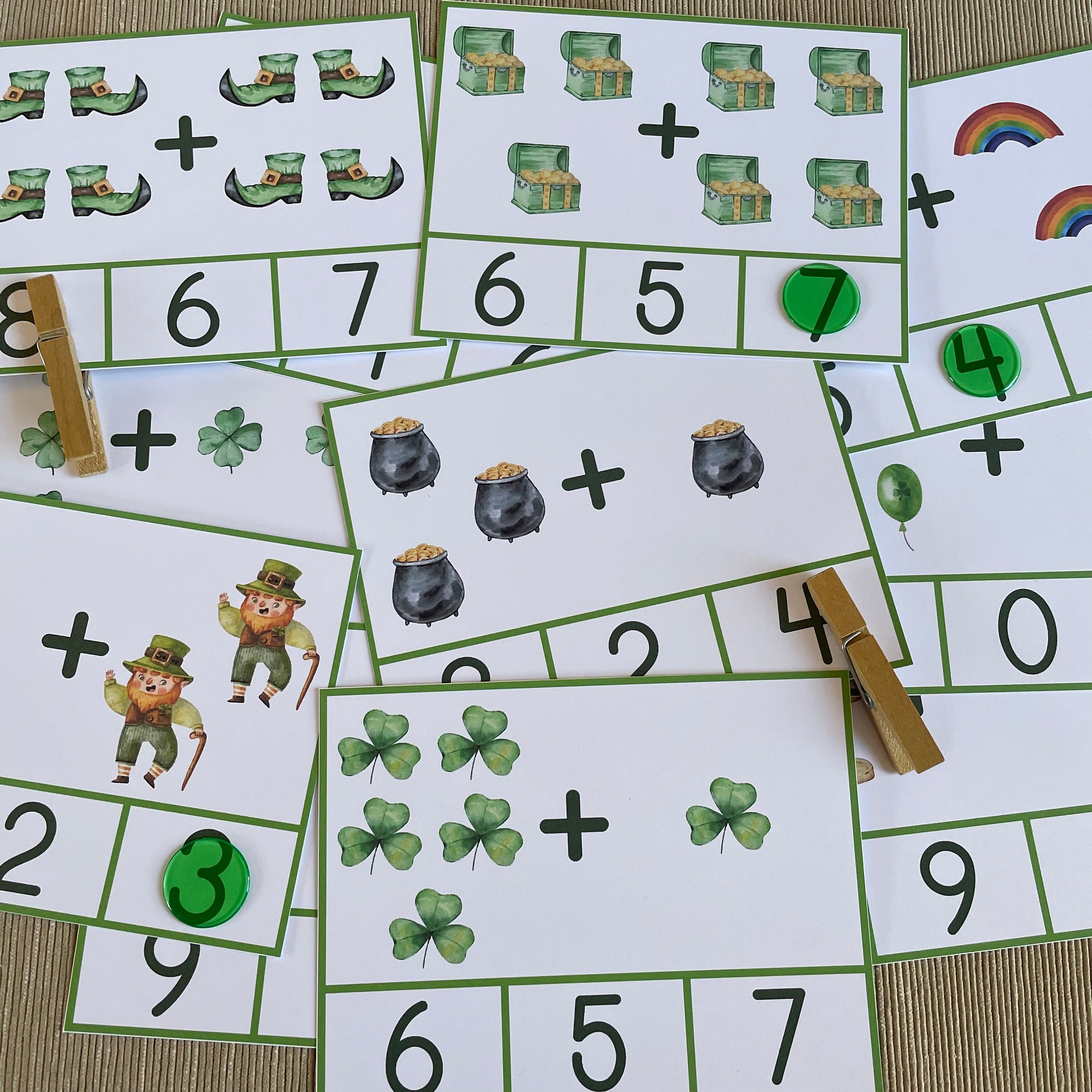 St. Patrick's Day Montessori Printable Clip Cards Addition 0-10 ...