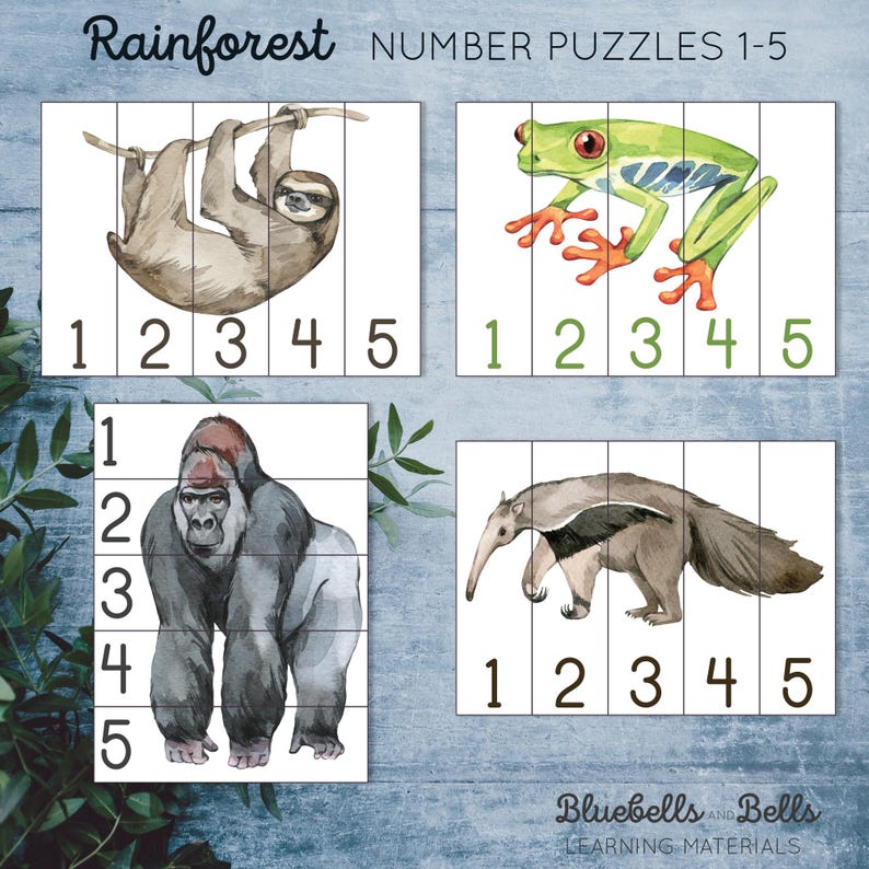 Rainforest Animals Puzzle Numbers 1-5. Toddler Printable Matching ...
