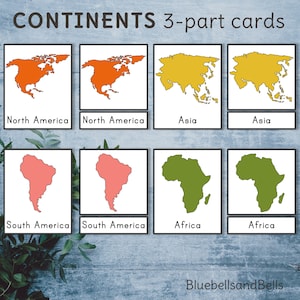 Continents Montessori Printable 3 Part Cards. - Etsy