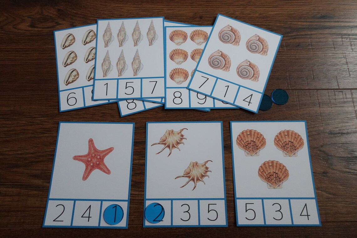 Seashell Count and Clip Cards 1-10. Montessori Ocean Printable ...