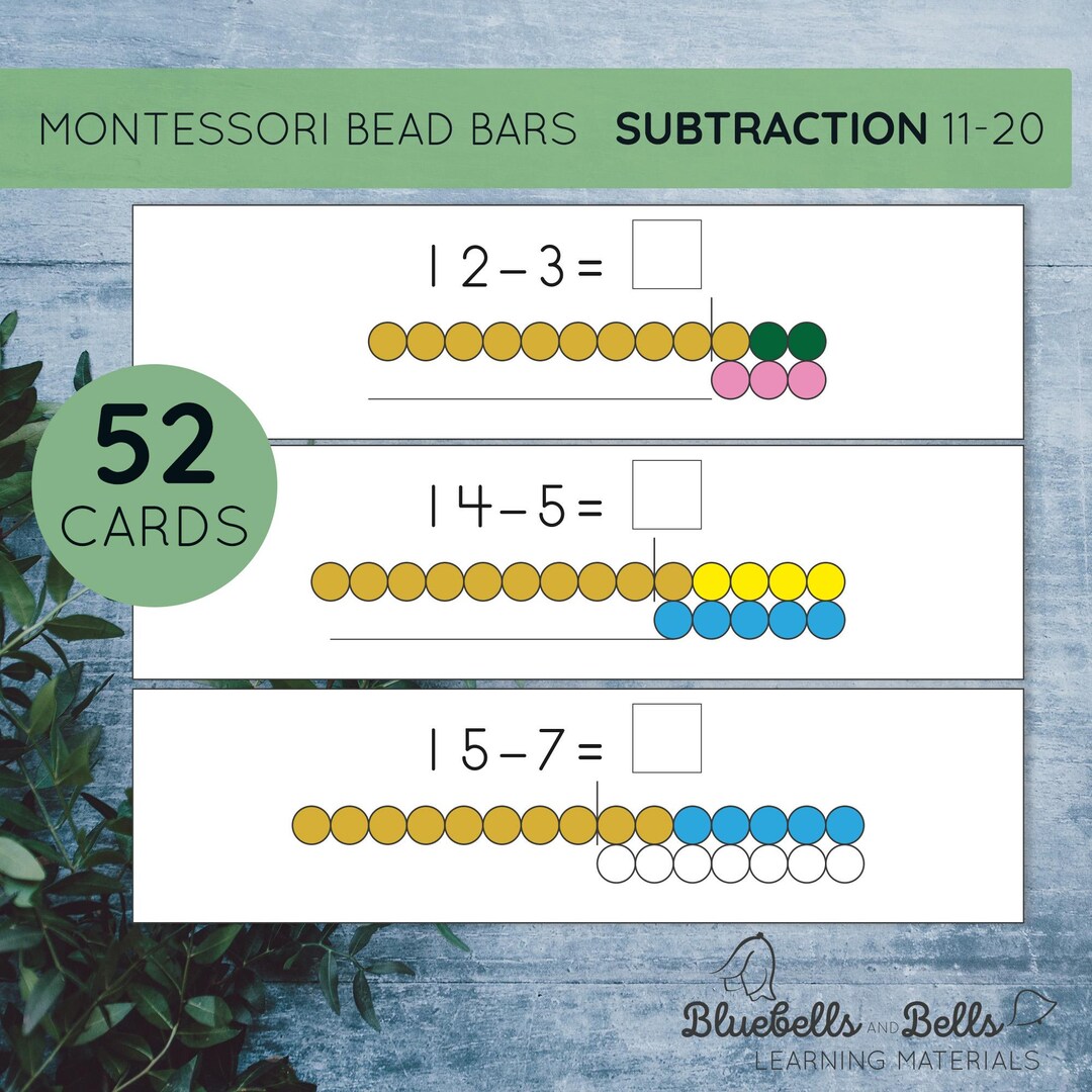 Montessori Bead Bars Subtraction 11-20 Task Cards. 1st Grade Math ...