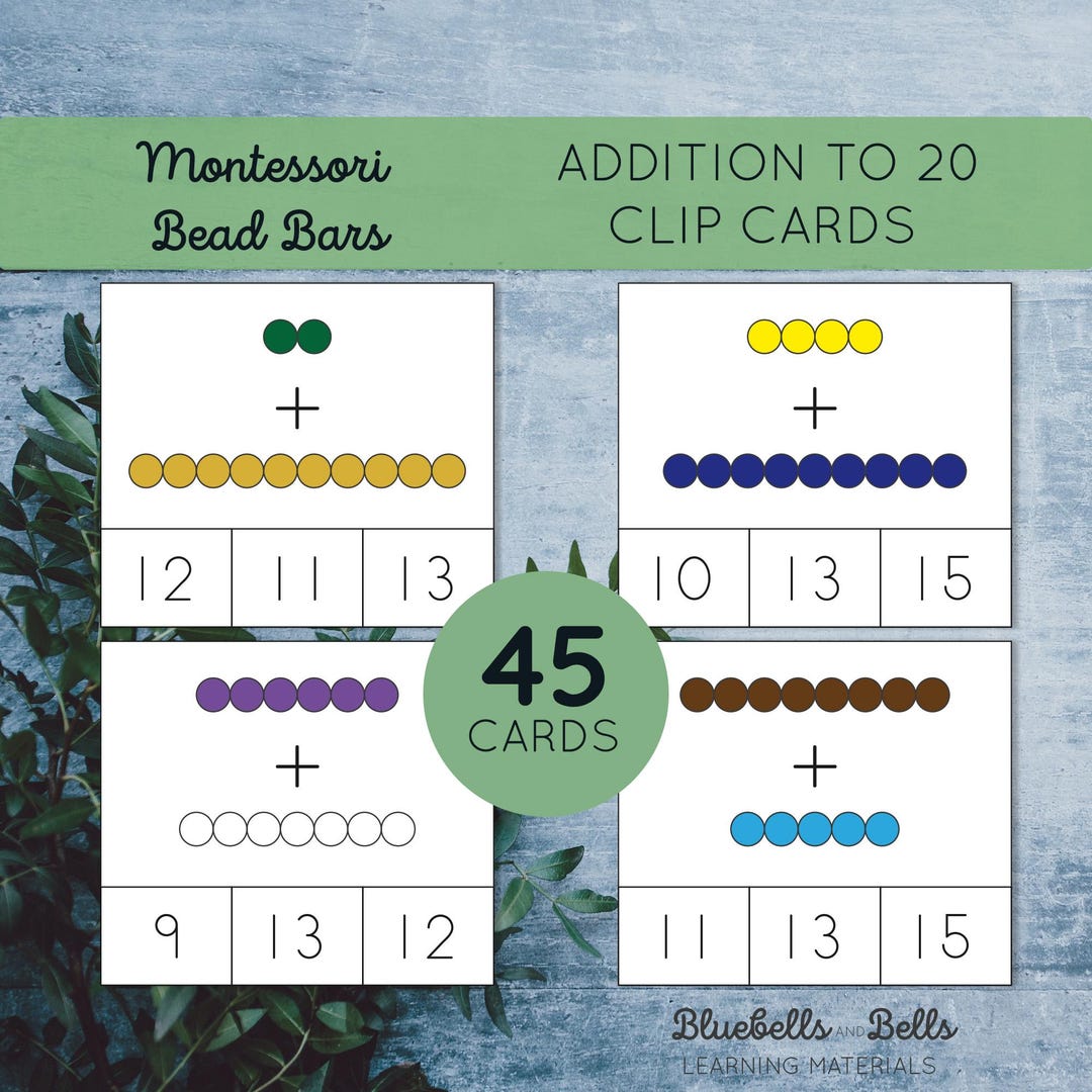 Montessori Addition With Carrying to 20 Bead Bars Clip Cards. 1st Grade ...