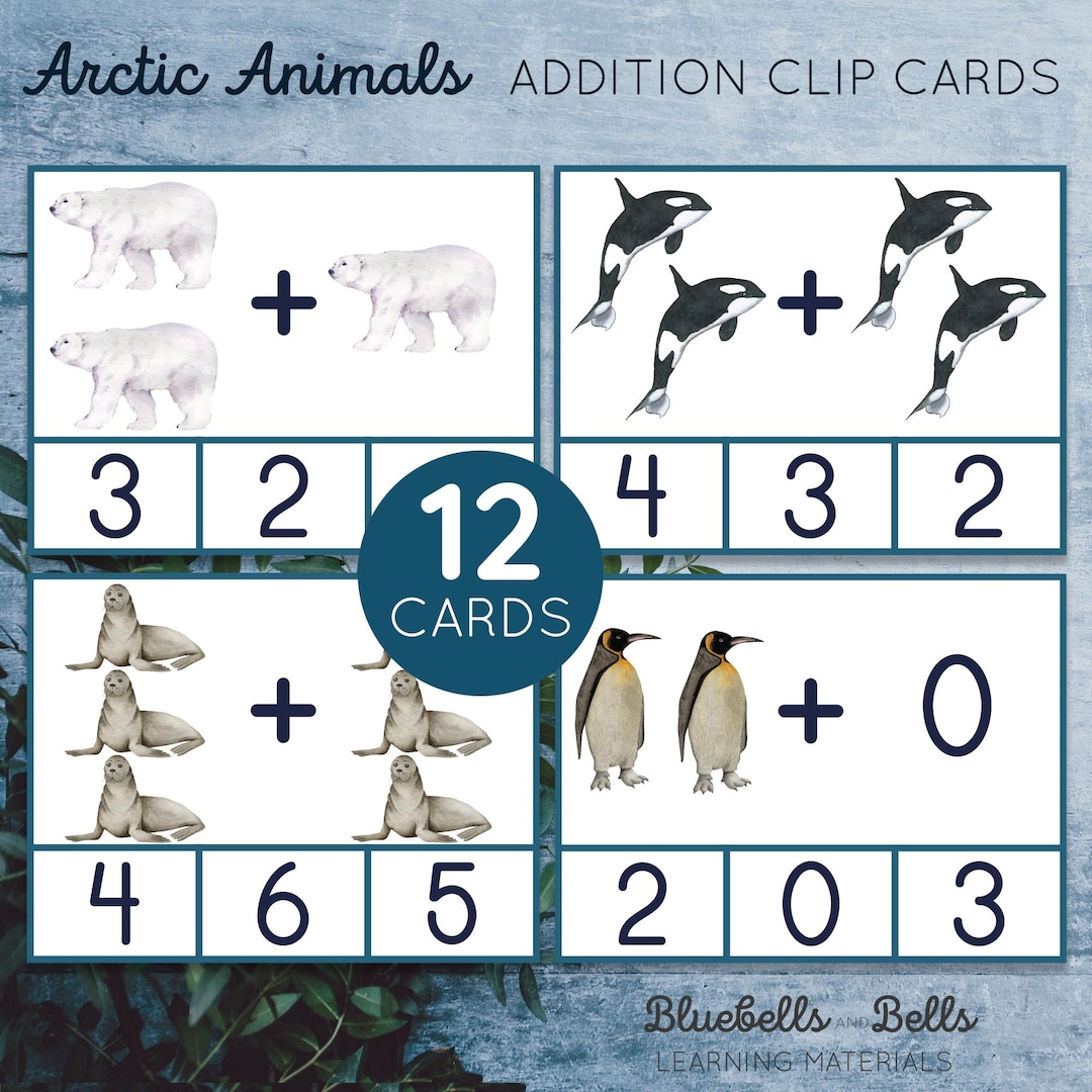 Winter Montessori Printable Count and Clip Cards Addition Polar Animals ...
