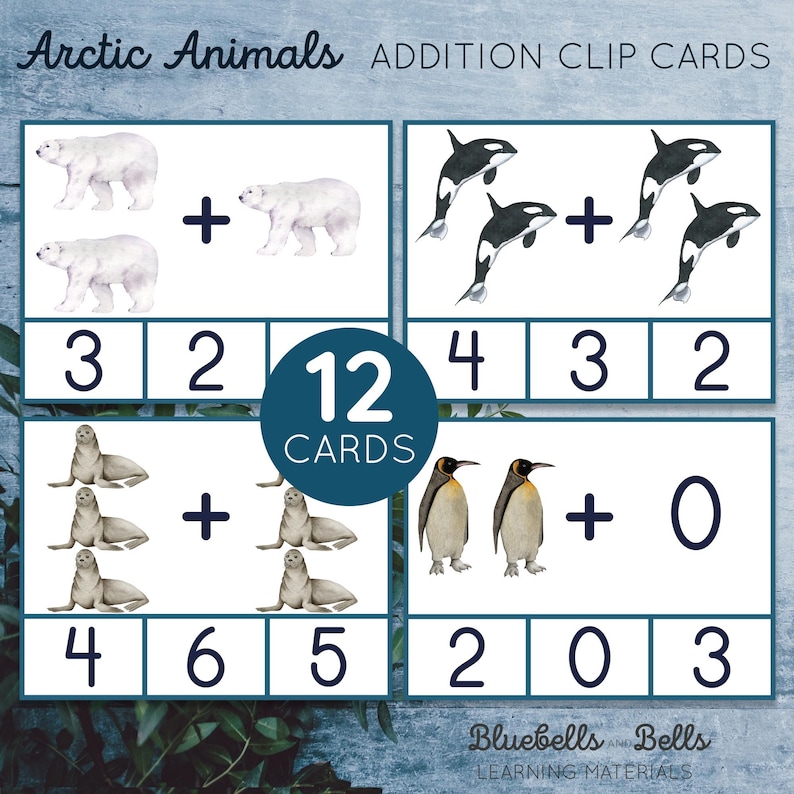 Winter Montessori Printable Count and Clip Cards Addition Polar Animals ...