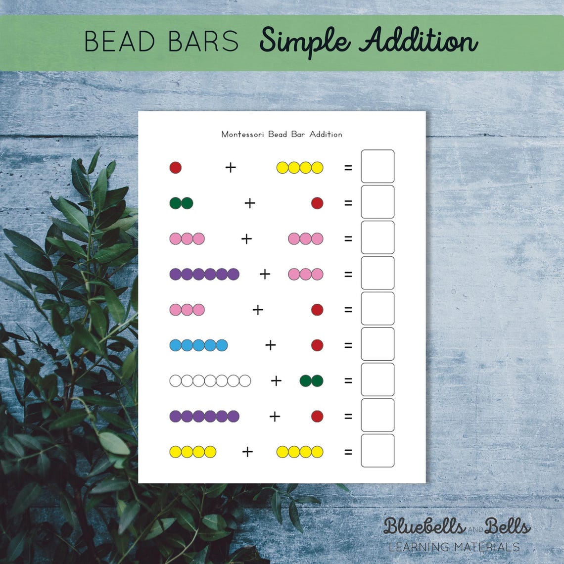 Montessori Bead Bars Addition to 10 Worksheets. Montessori Kindergarten Math Printable. - Etsy