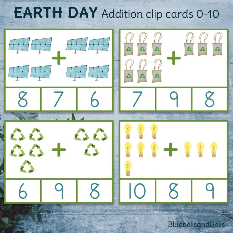 Earth Day Printable Count and Clip Cards Addition 1-10. - Etsy