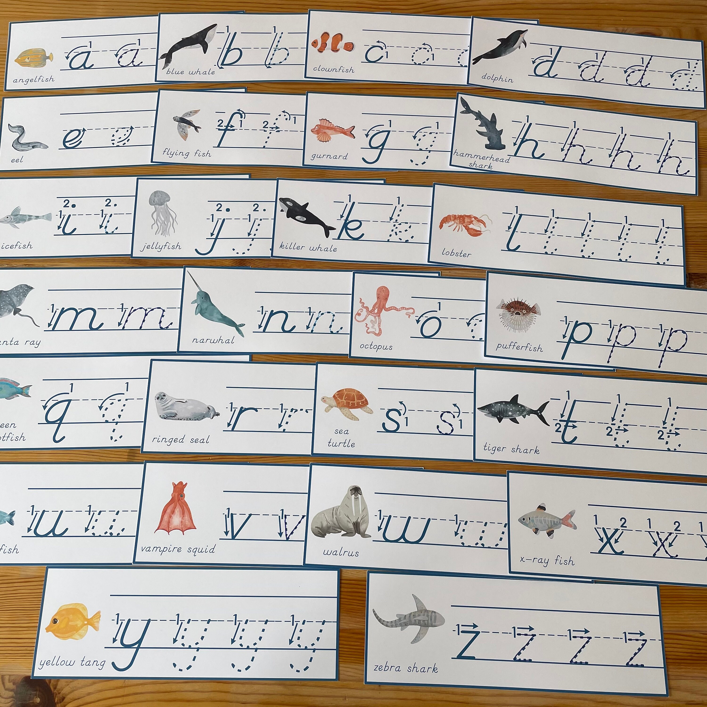 Ocean Alphabet Cards Tracing. Lowercase Manuscript Letter Handwriting ...