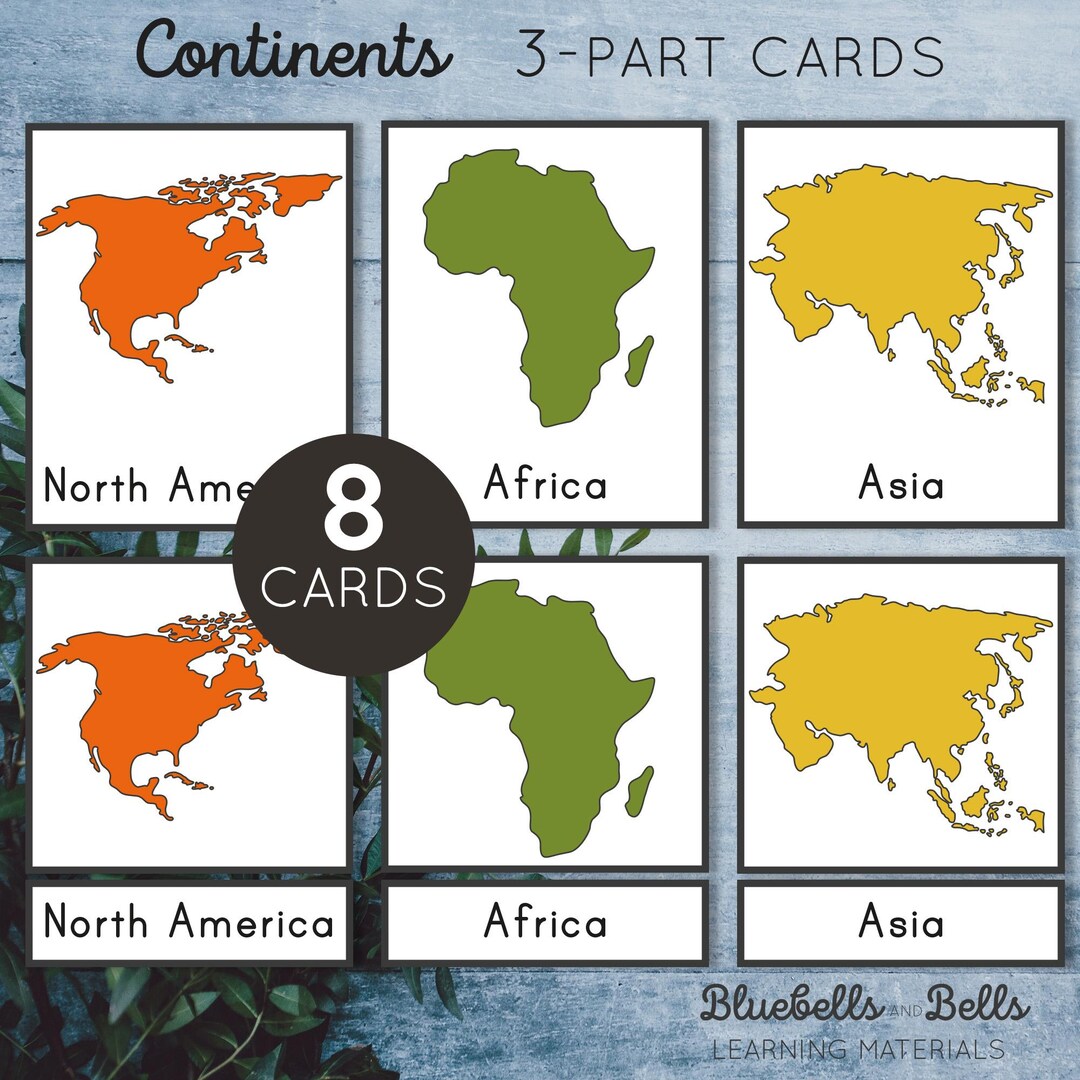 Continents Montessori Printable 3 Part Cards. - Etsy