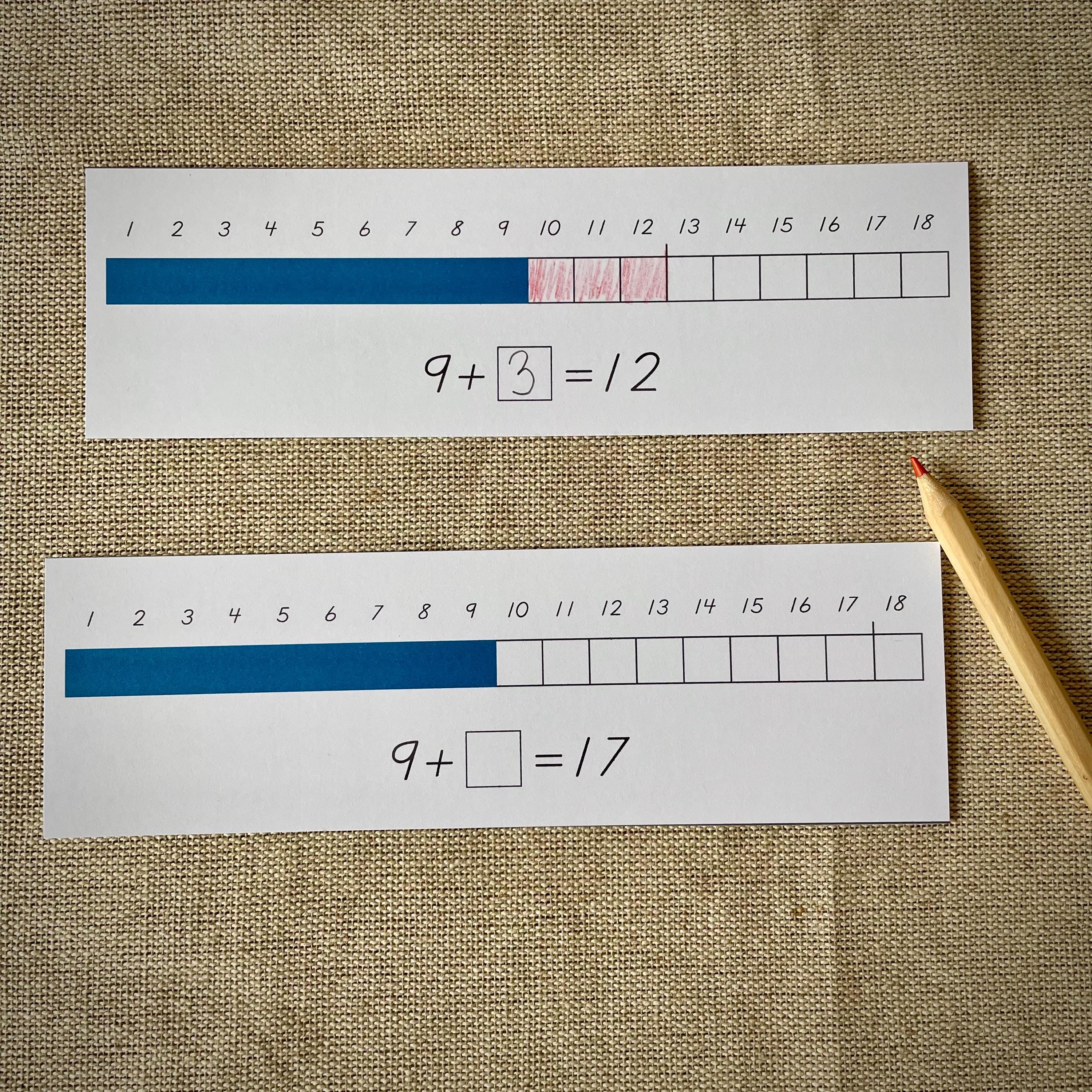 Montessori Addition Strip Board Worksheets Missing Addend to 18 ...