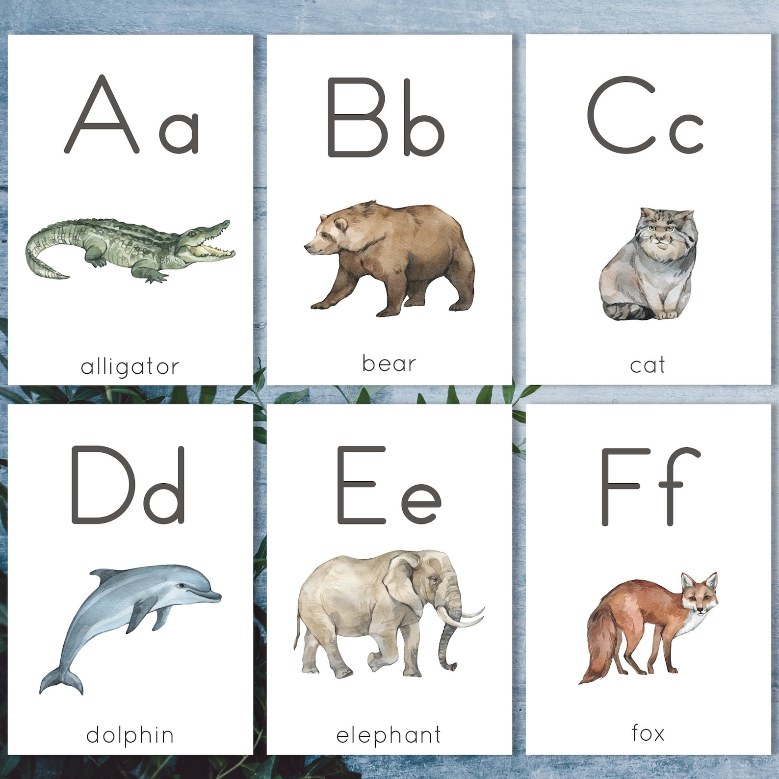 Animal Alphabet Cards. Watercolor Letter Flash Cards. - Etsy