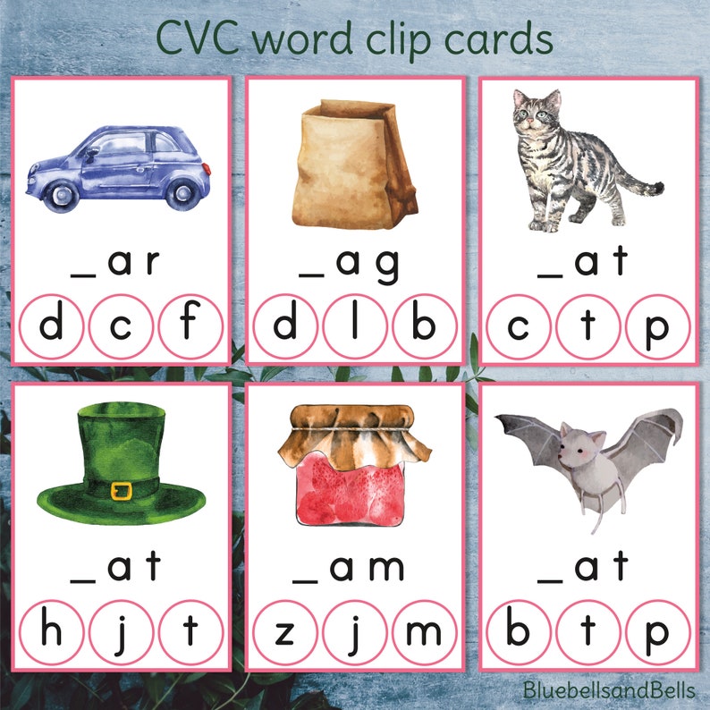 Phonics Printable CVC Word Clip Cards. Beginning Sound | Etsy