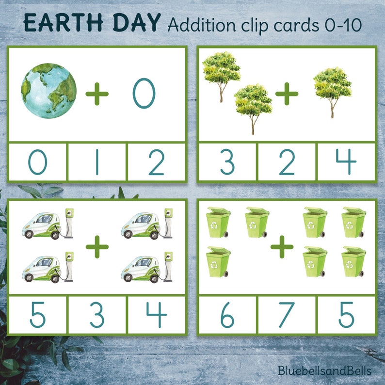 Earth Day Printable Count and Clip Cards Addition 1-10. - Etsy