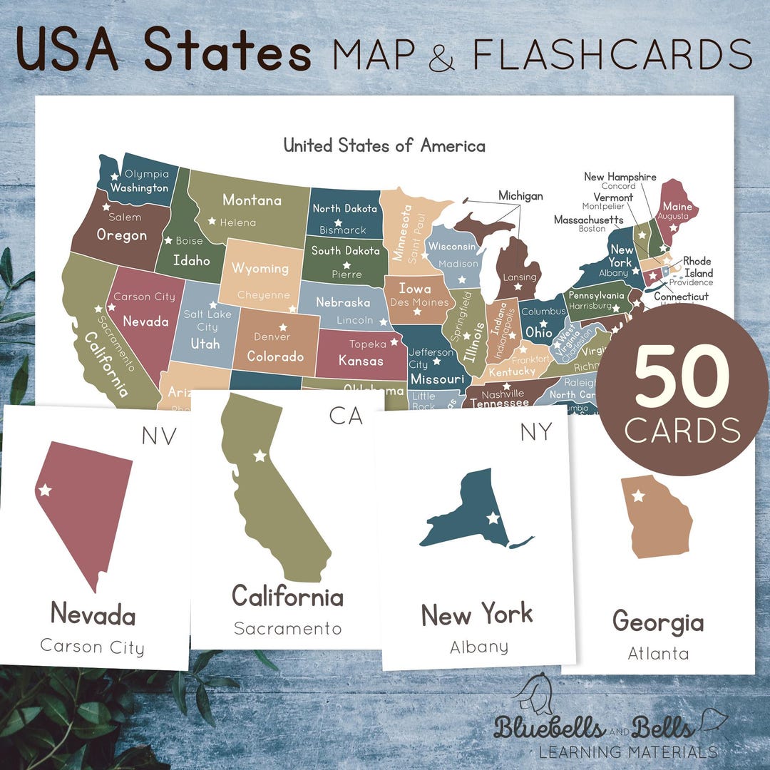 50 States and Capitals Flashcards Map. - Etsy