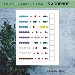 Montessori Bead Bars Addition Worksheets 3 Addends. Montessori Kindergarten and 1st Grade Math ...