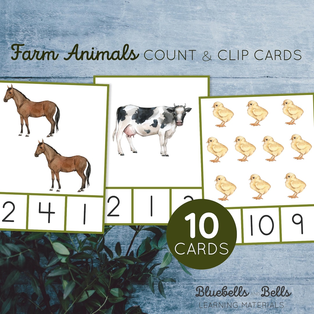 Farm Animals Count and Clip Cards 1-10. Farm Animals Counting Preschool ...