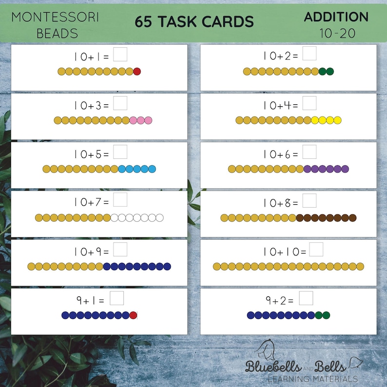 Montessori Beads Addition 10 -20. Addition With Carry Printable Cards ...