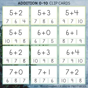 Addition Clip Cards 1-10. Simple Addition Printable for Kindergarten ...