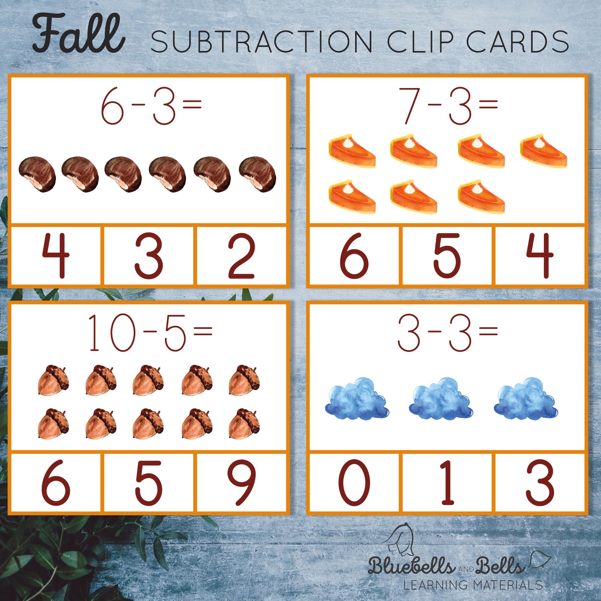 Fall Montessori Printable Subtraction Clip Cards 0-10. Preschool and ...