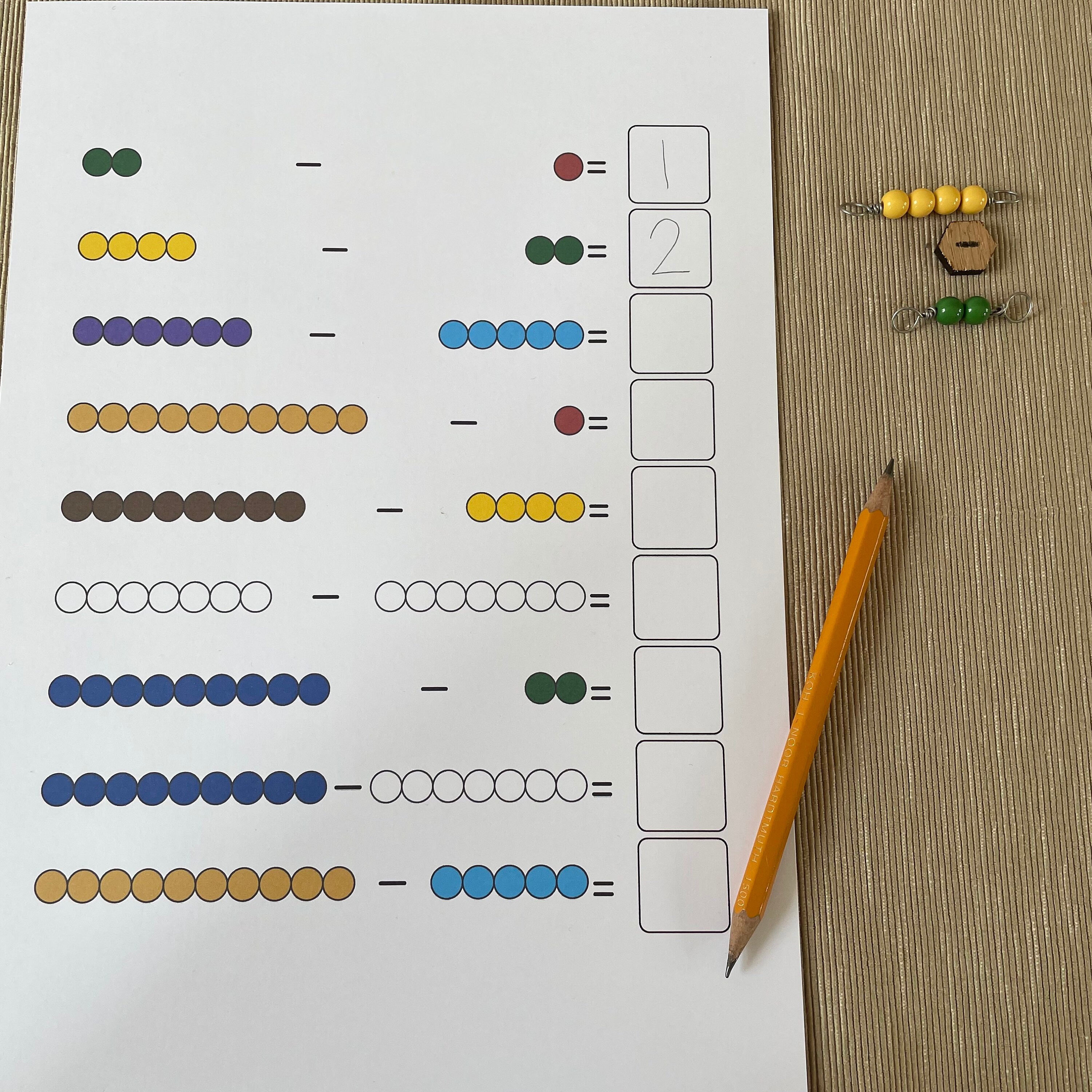 Montessori Bead Bar Subtraction to 10 Worksheets. - Etsy