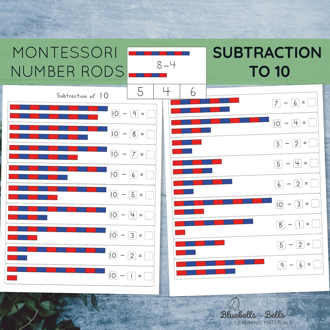 Montessori Subtraction Worksheets Number Rods. Kindergarten and 1st ...