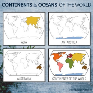 Continents and Oceans Cards and Map. Montessori Printable Geography ...