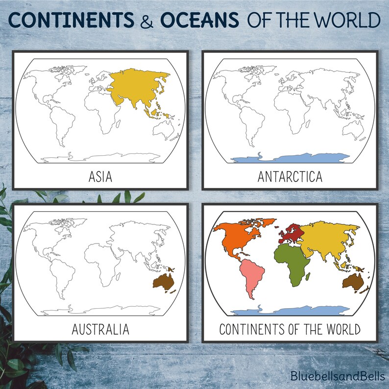 Continents and Oceans Cards and Map. Montessori Printable - Etsy