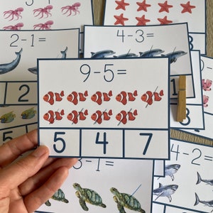 Ocean Count and Clip Cards Subtraction 1-10. Preschool and Kindergarten ...