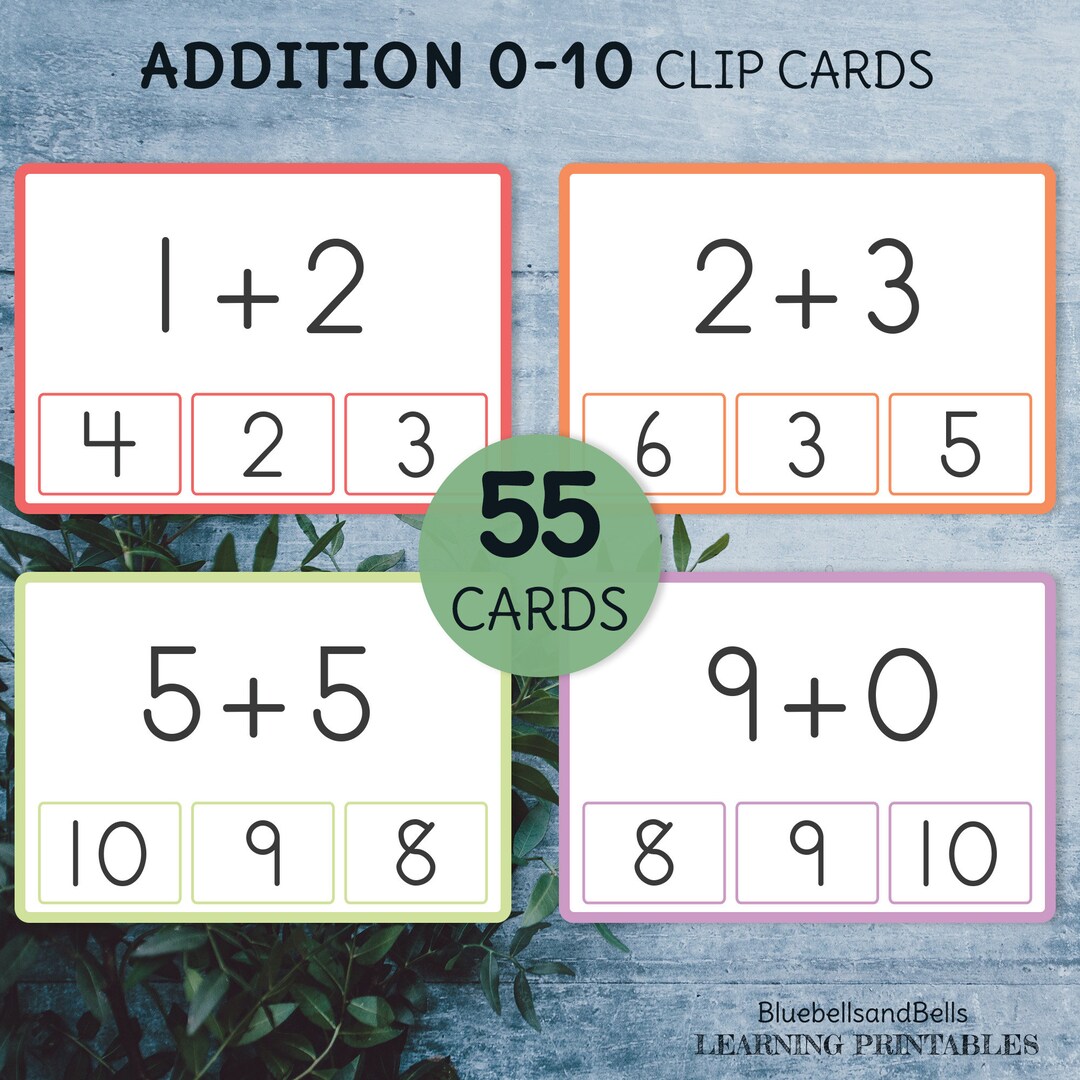 Addition Clip Cards 1-10. Simple Addition Printable for Kindergarten ...