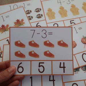 Fall Montessori Printable Subtraction Clip Cards 0-10. Preschool and ...