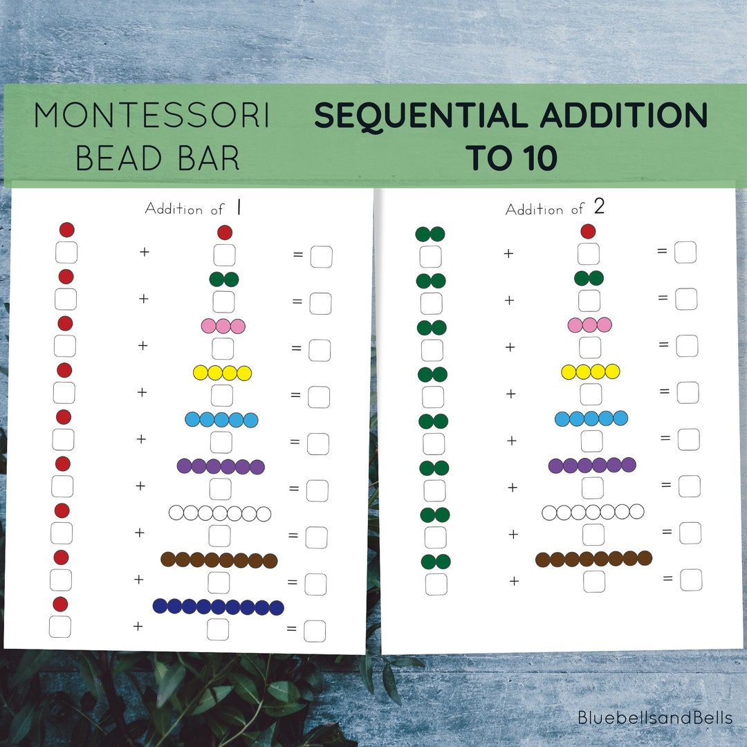 Montessori Bead Bar Sequential Addition to 10 Worksheets. Kindergarten ...
