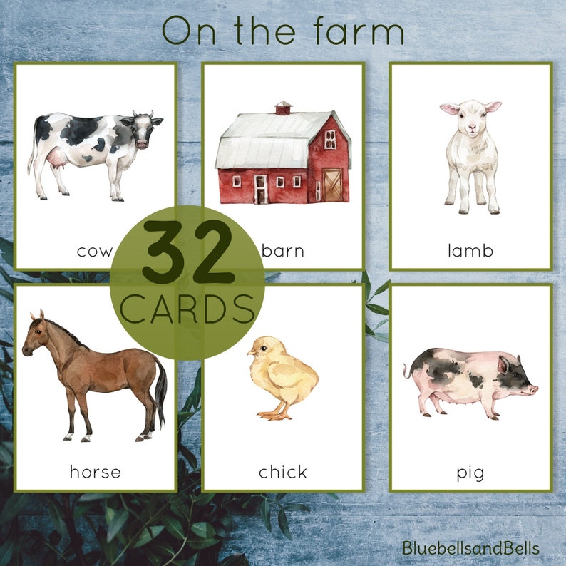Farm Animals Flashcards. Toddler Watercolor Digital Cards. | Etsy