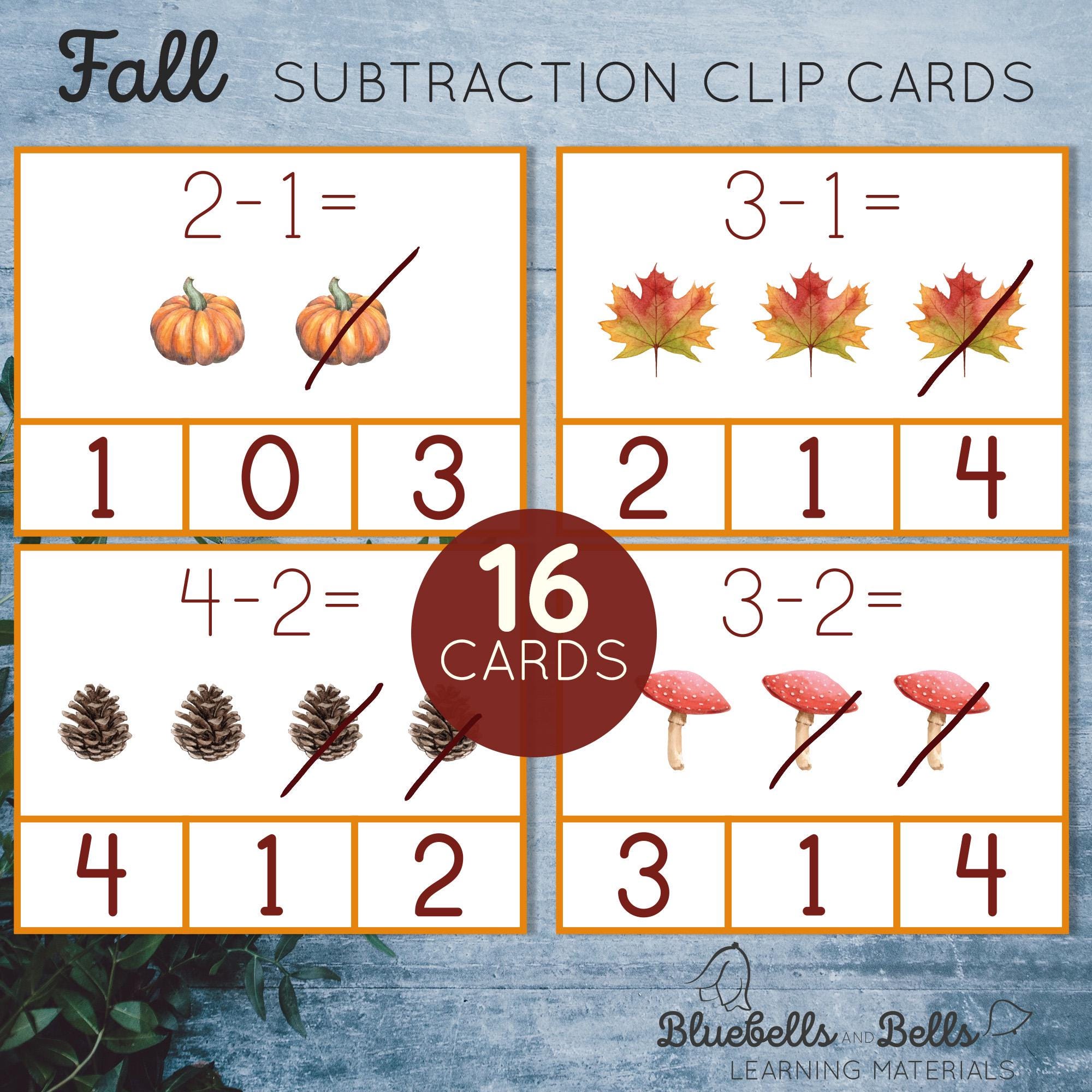 Fall Montessori Printable Subtraction Clip Cards 0-10. Preschool and ...