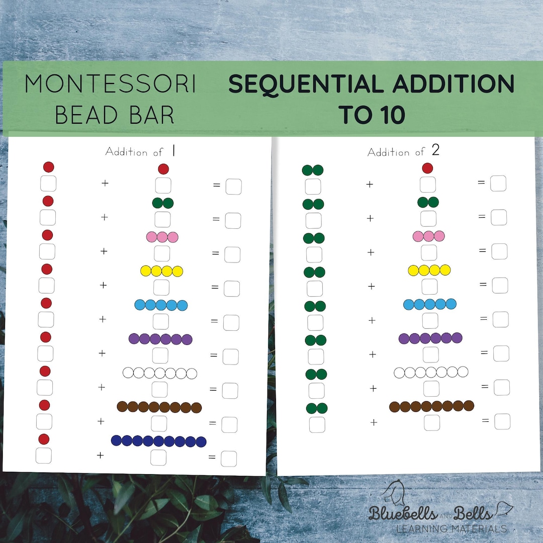 Montessori Bead Bars Addition to 10 Worksheets Sequential. Kindergarten ...