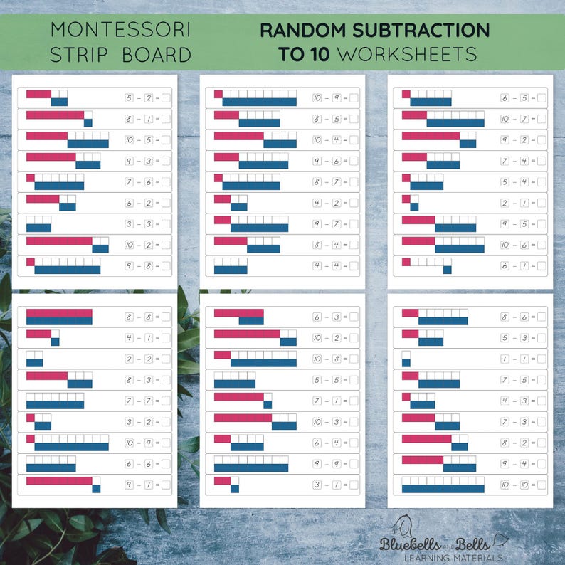 Montessori Subtraction to 10 Worksheets. Montessori Subtraction Strip ...