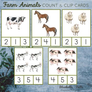 Farm Animals Count and Clip Cards 1-10. Farm Animals Counting Preschool ...