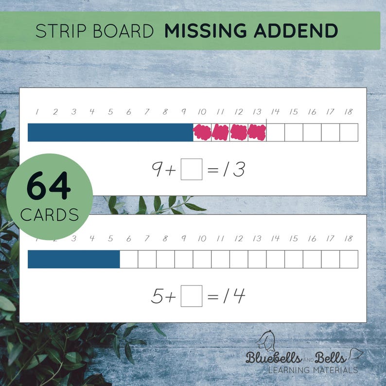 Montessori Addition Strip Board Worksheets Missing Addend to 18 ...