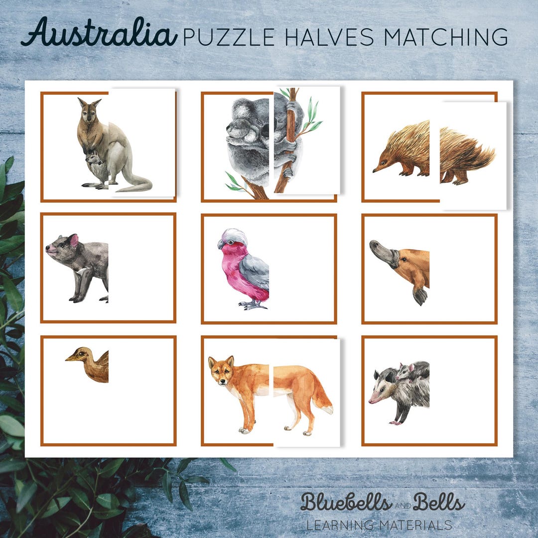 Australia Animal Puzzle Halves Matching. Toddler Montessori Printable ...