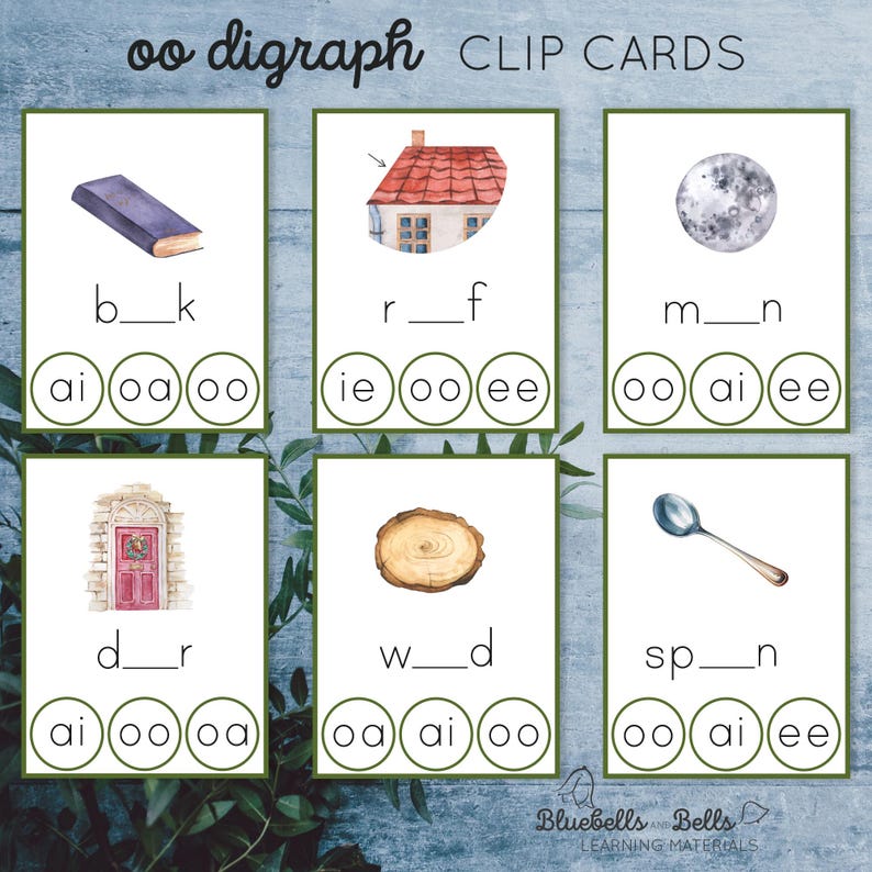 Digraphs Clip Cards Vowels. Montessori Green Series Phonics Printable ...