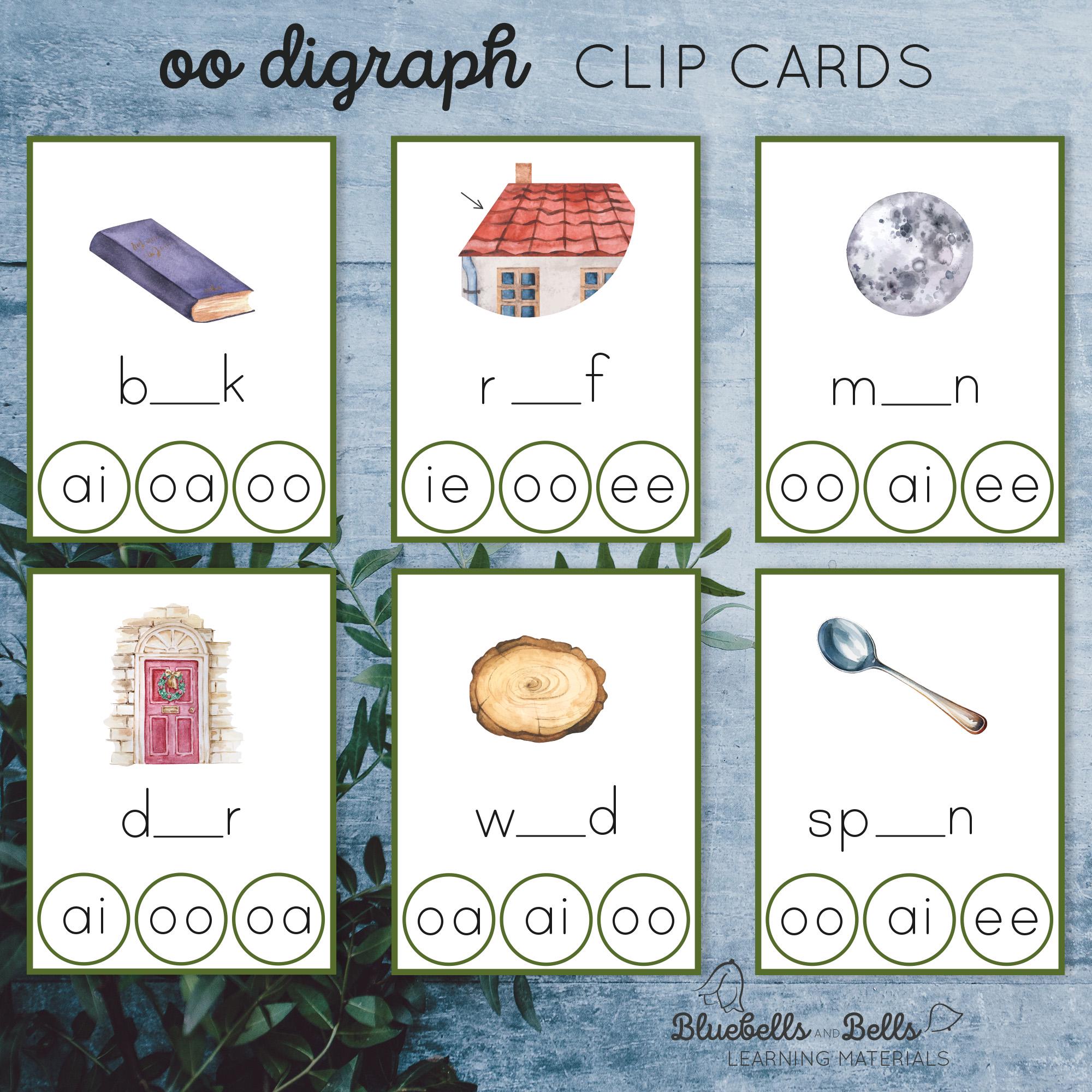 Digraphs Clip Cards Vowels. Montessori Green Series Phonics Printable ...