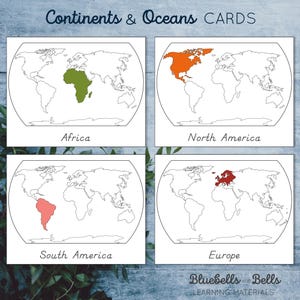 Continents and Oceans Cards and Map. Montessori Printable Geography ...